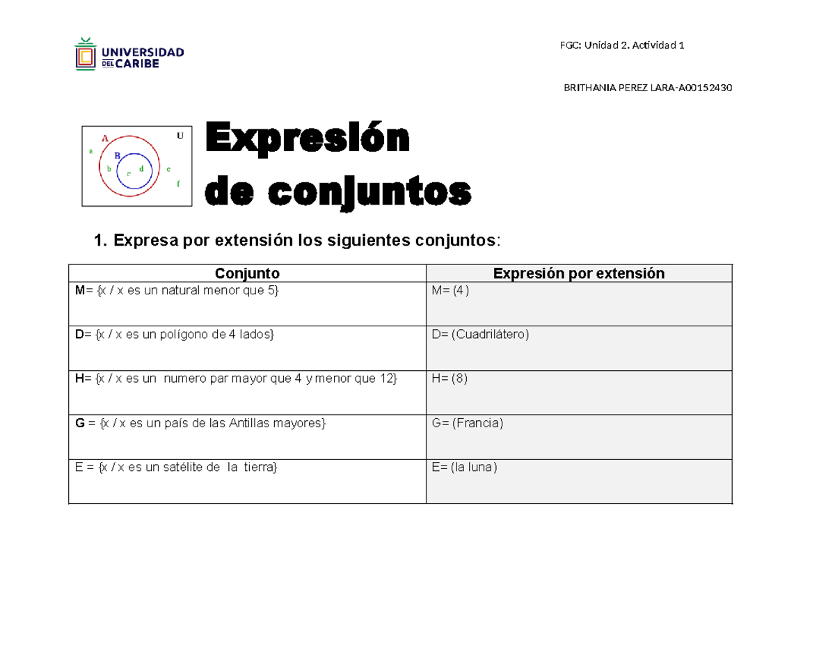 Unidad 2. Actividad 1. Expresiones de conjuntos - FGC: Unidad 2. Actividad 1 BRITHANIA PEREZ ...