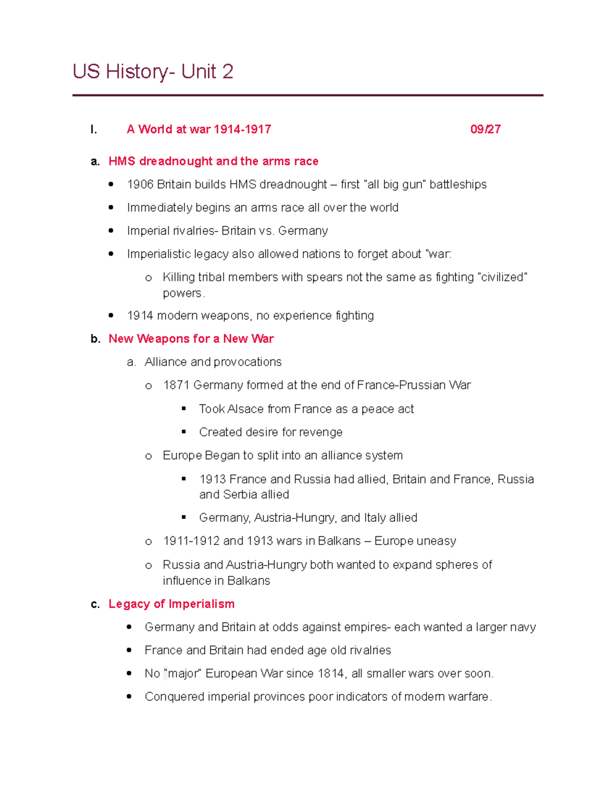 HIST- Unit 2 Notes (updated 10-15) - US History- Unit 2 I. A World at ...