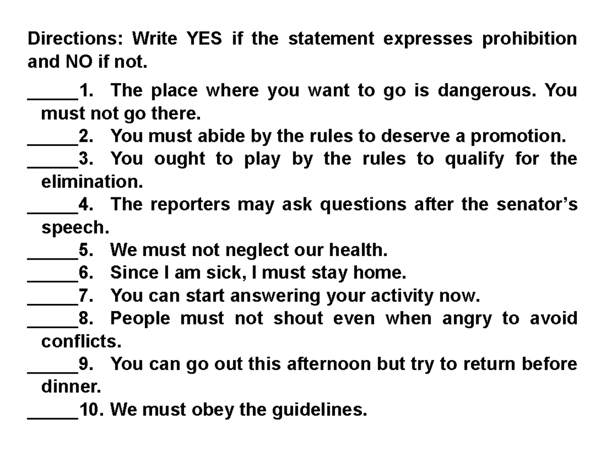 Activity 1 - Prohibition - Directions: Write YES if the statement ...