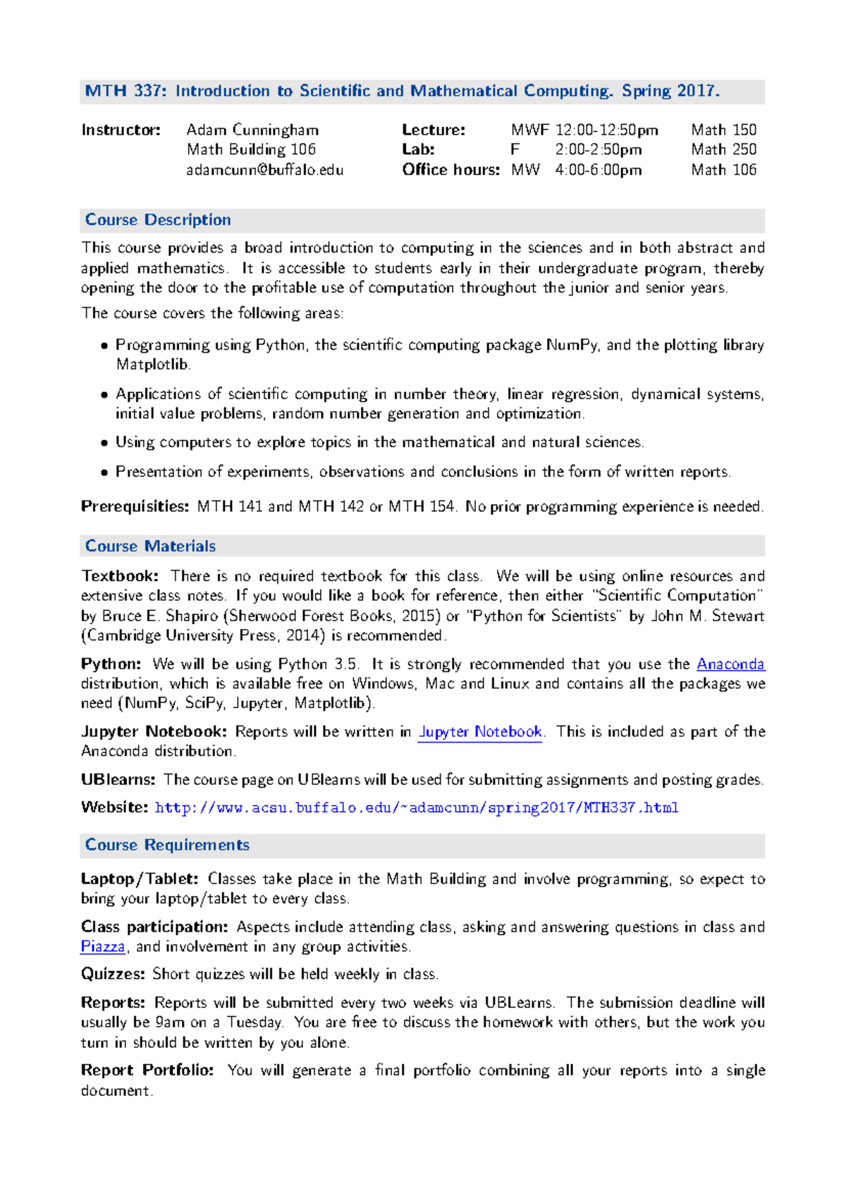 337Syllabus Spring 2017 - MTH 337: Introduction to Scientific and Mathematical Computing. Spring ...