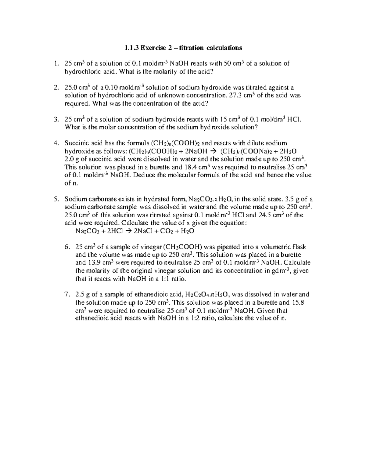 BACK Titrations Questions - 1 .1 Exercise 2 – titration calculations 25 ...