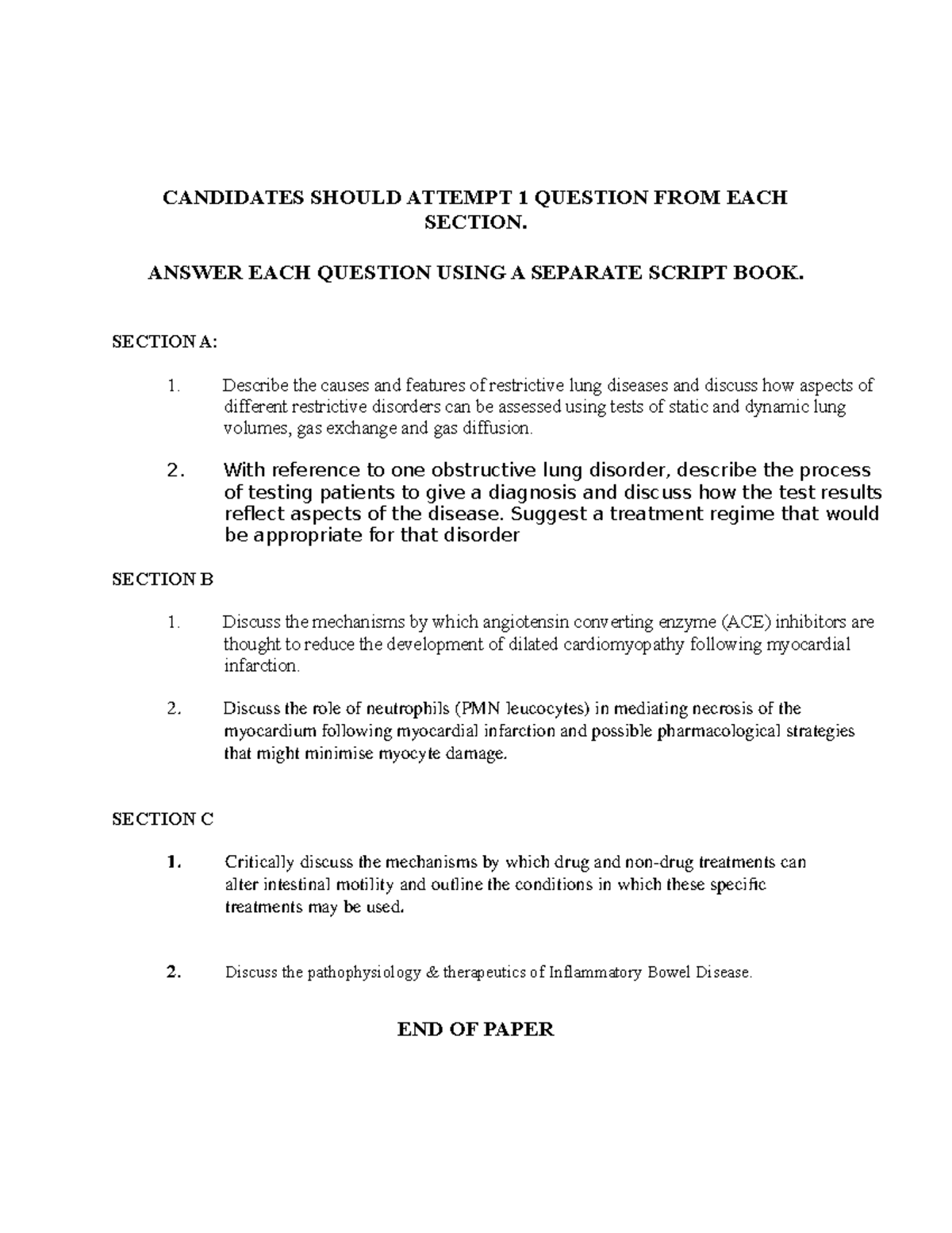 Example exam questions - CANDIDATES SHOULD ATTEMPT 1 QUESTION FROM EACH ...