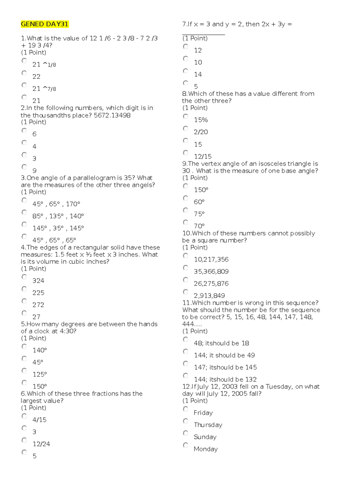 Gened DAY part 3 (Auto Recovered) - GENED DAY 1 is the value of 12 1 /6 ...