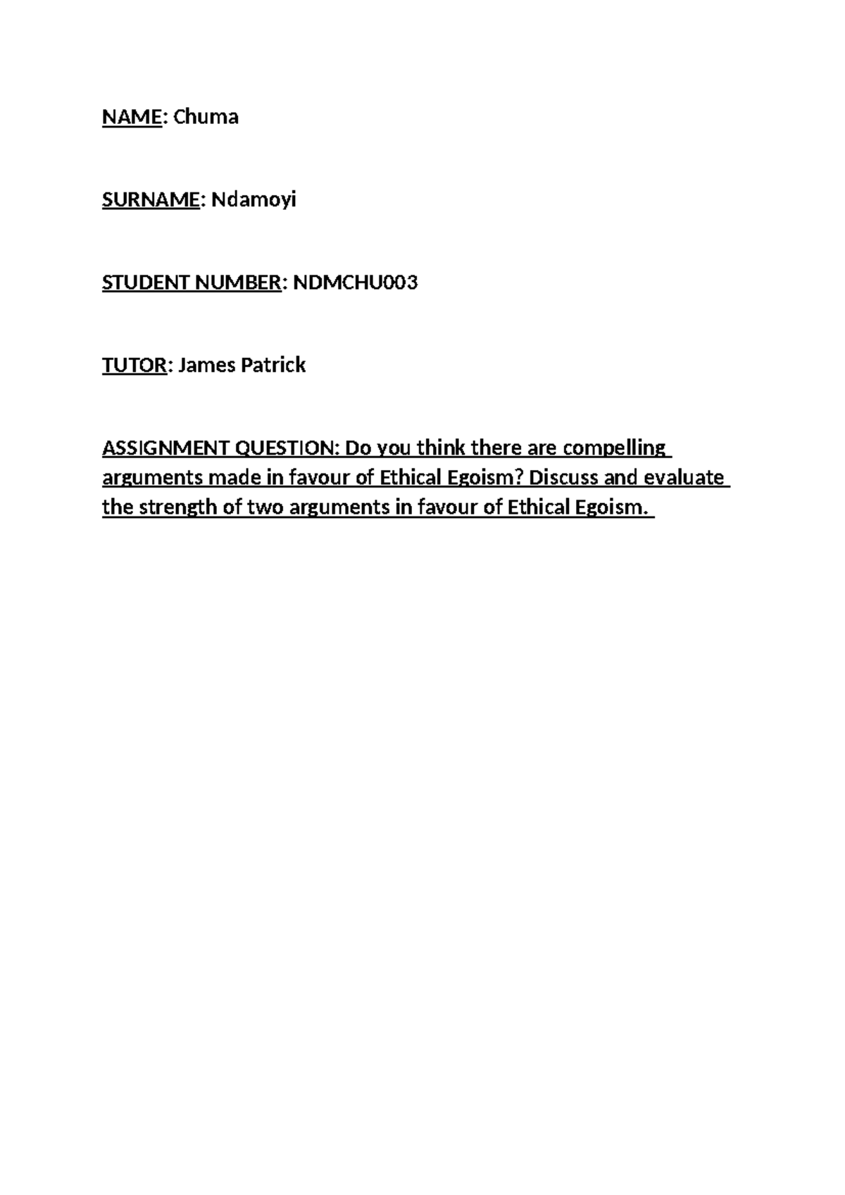 Philosophy assignment 2 - NAME: Chuma SURNAME: Ndamoyi STUDENT NUMBER ...