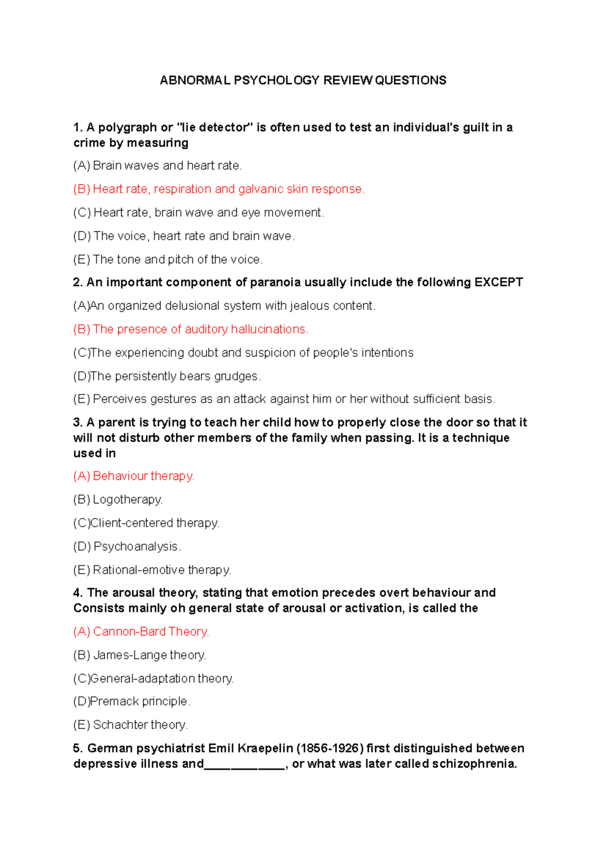 Abnormal Assessment oct 16 - ABNORMAL PSYCHOLOGY REVIEW QUESTIONS 1. A ...