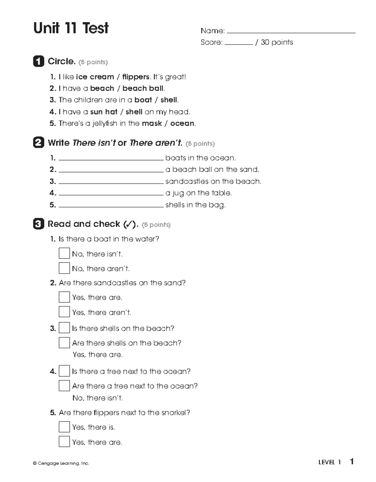 Minitest Unit 11 - © Cengage Learning, Inc. LEVEL 1 1 Circle. (5 points ...