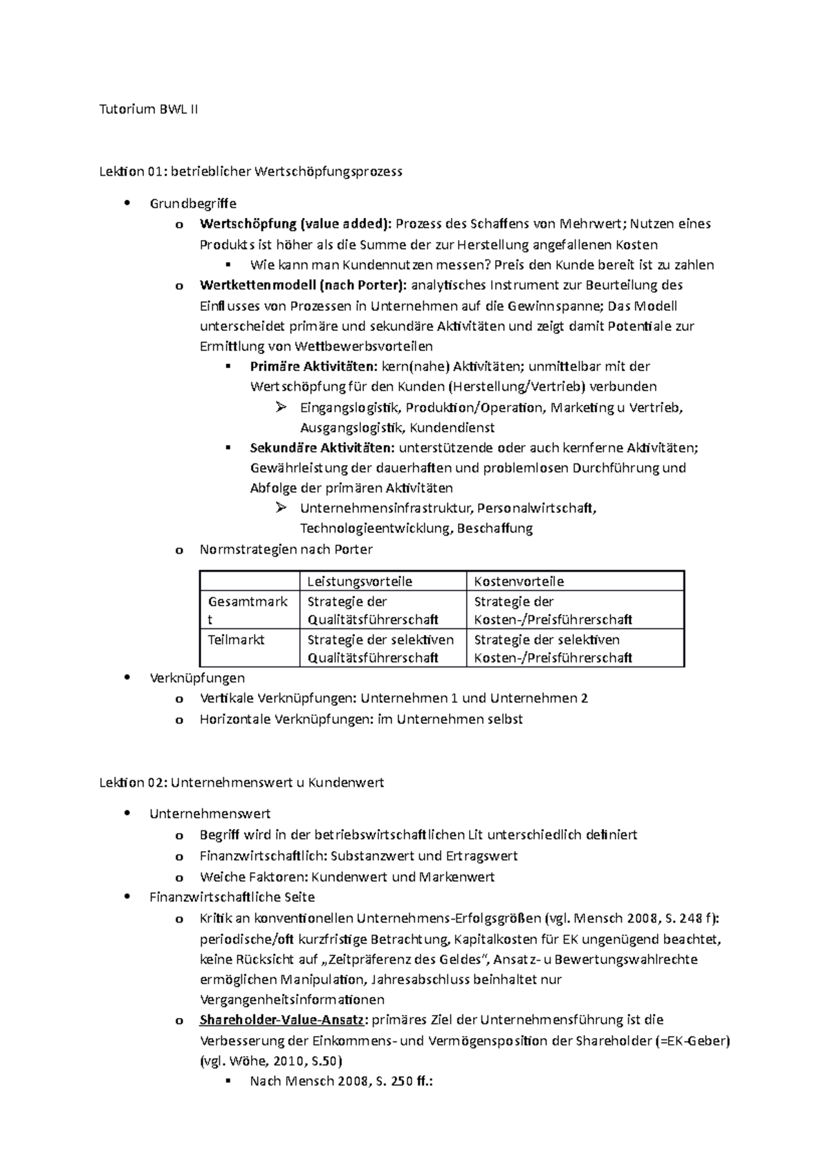 Mitschriften BWL II Tutorium - Tutorium BWL II Lektion 01: betrieblicher Wertschöpfungsprozess ...