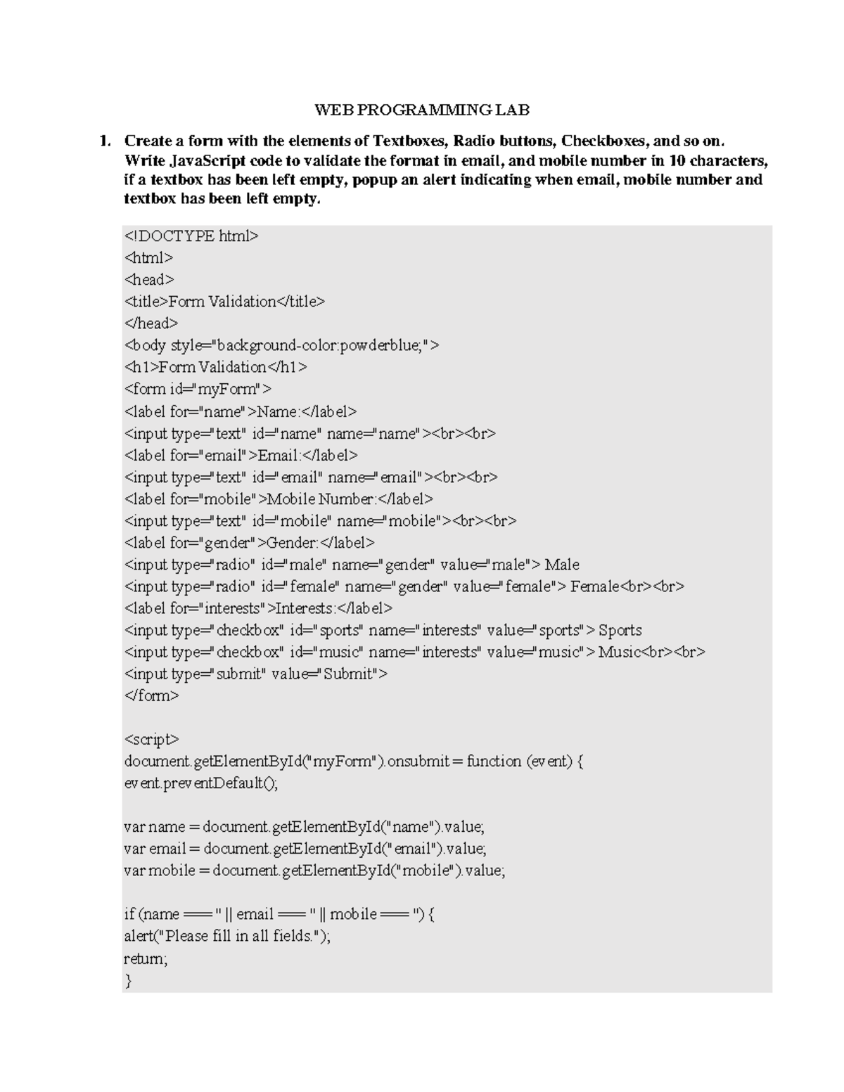 html program for students to learn - WEB PROGRAMMING LAB Create a form with the elements of ...