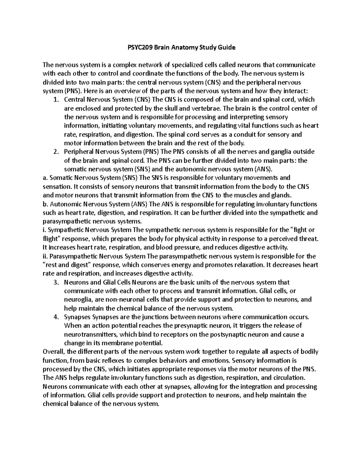 PSYC209 Brain Anatomy Study Guide - The nervous system is divided into ...