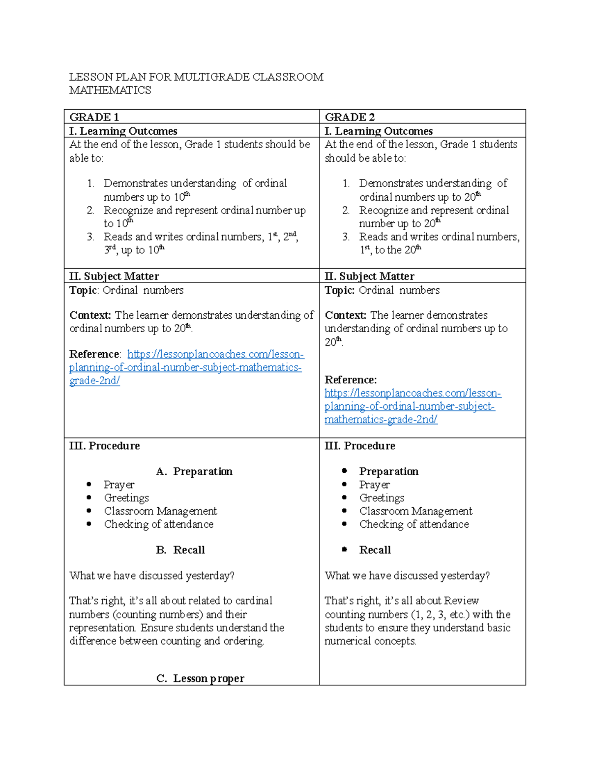 Multigrade 1&2 - LESSON PLAN FOR MULTIGRADE CLASSROOM MATHEMATICS GRADE ...