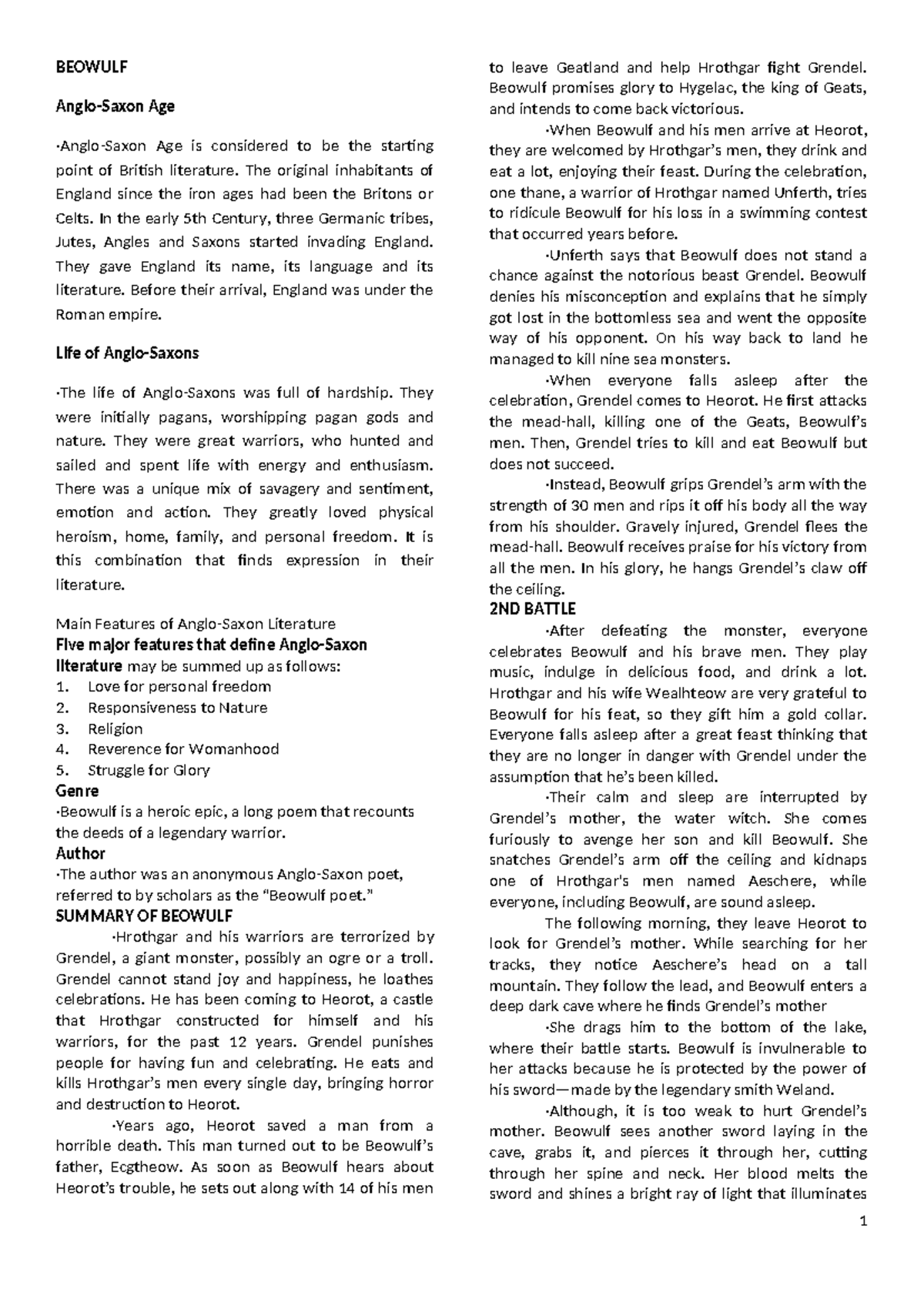 Reviewer - Notes - BEOWULF Anglo-Saxon Age ·Anglo-Saxon Age is ...