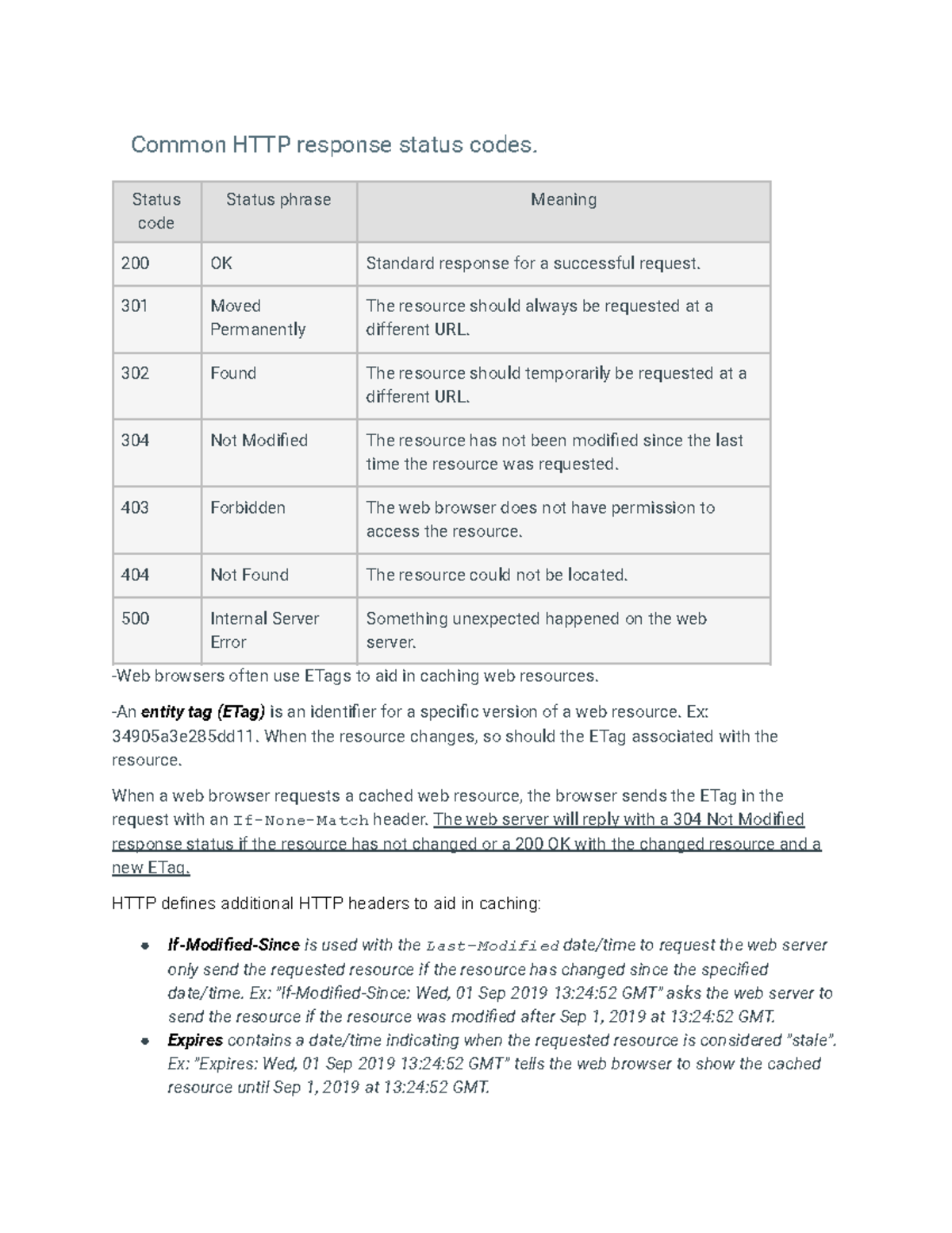 Computer Science HTTP Notes - Common HTTP response status codes. Status ...