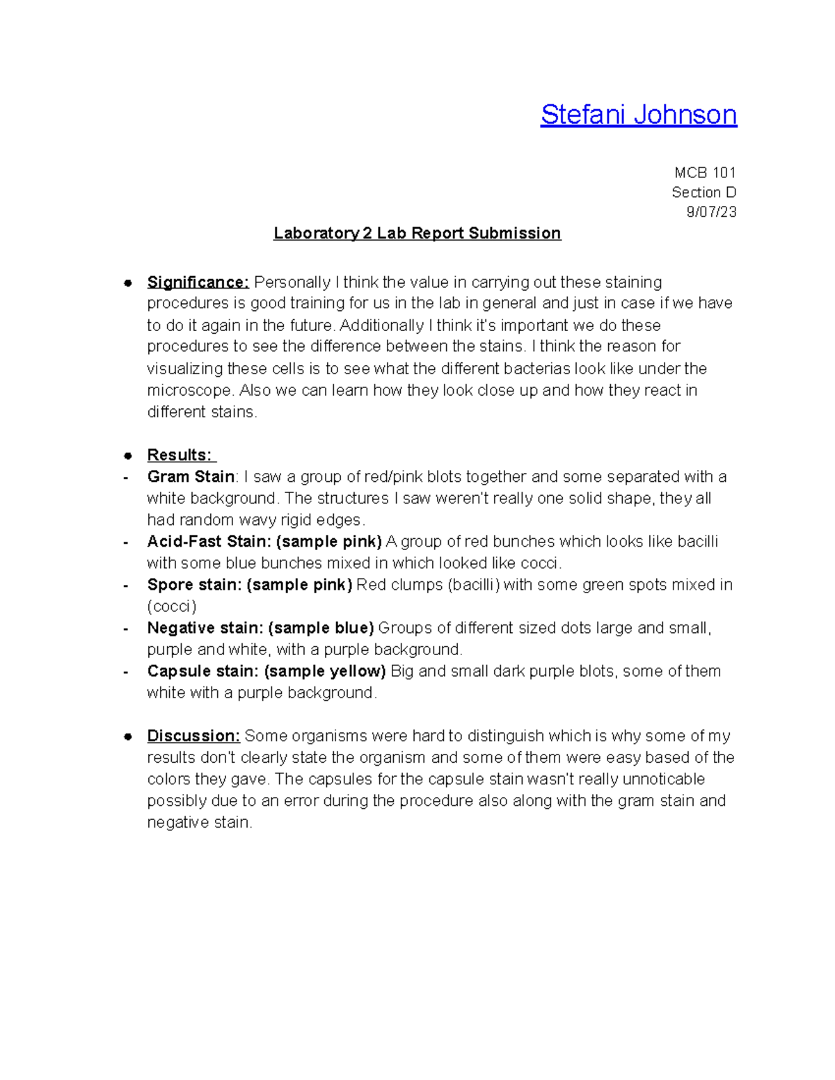 Laboratory 2 Lab Report Submission - Stefani Johnson MCB 101 Section D ...