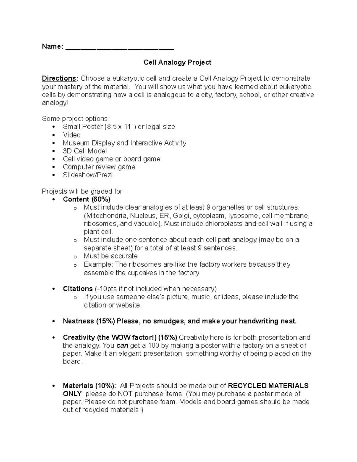 Cell Analogy Project-1 - You will show us what you have learned about ...