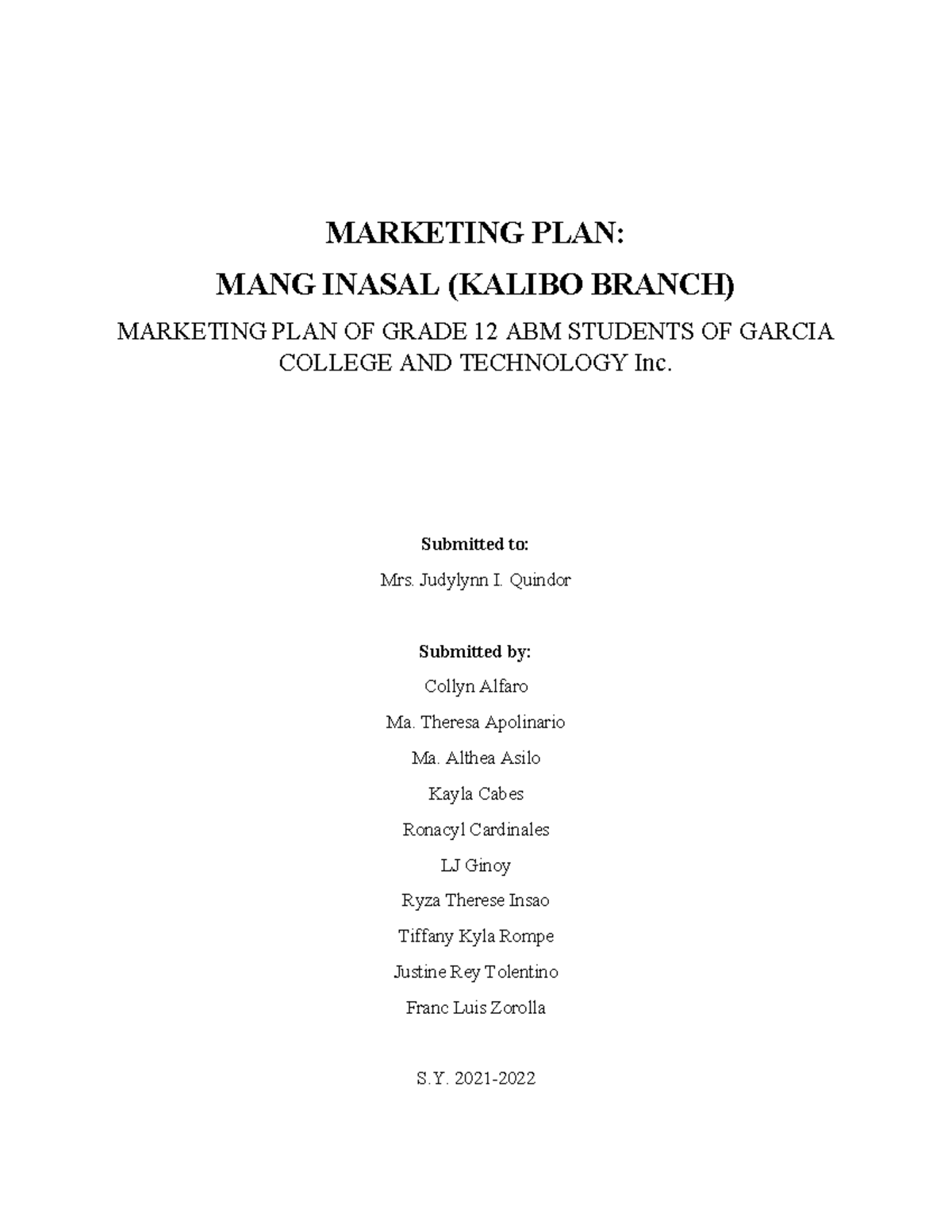 Marketing PLAN - MARKETING PLAN: MANG INASAL (KALIBO BRANCH) MARKETING ...