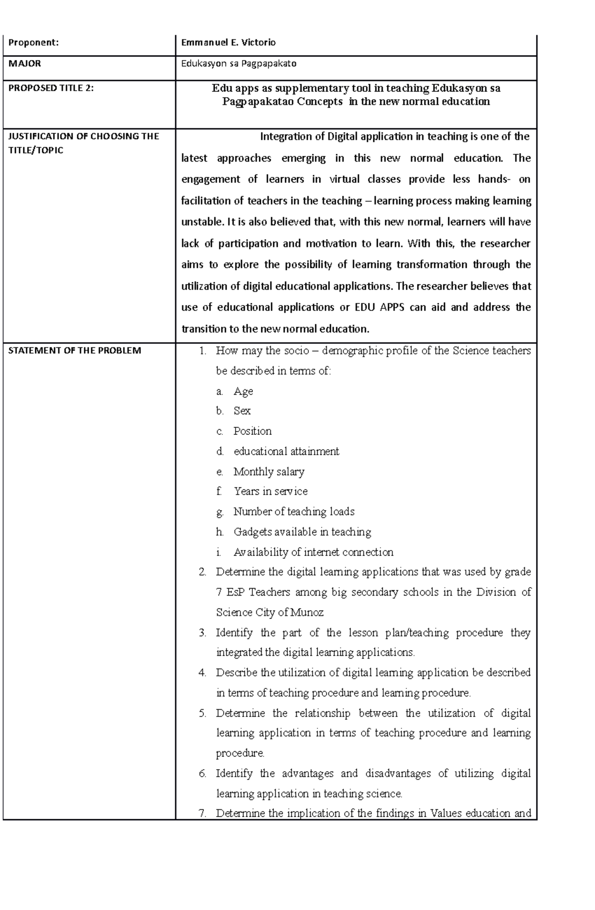 Emmanuel Research Proposal - Proponent: Emmanuel E. Victorio MAJOR ...
