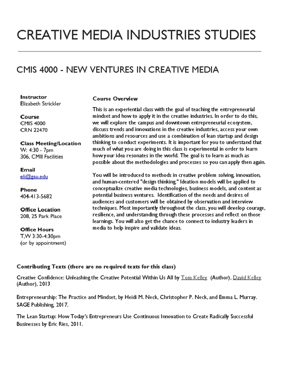New Ventures in Creative Media - Spring 2020 - Wednesday - CREATIVE ...