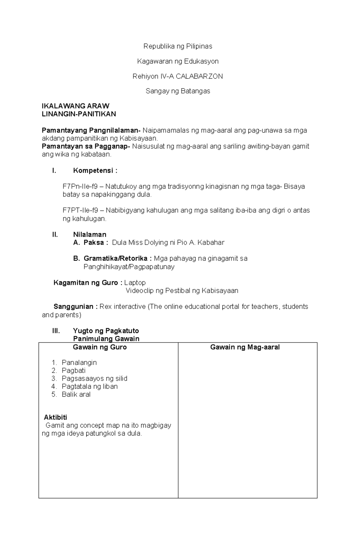Lesson plan (Linangin panitikan) 8th - Republika ng Pilipinas Kagawaran ...