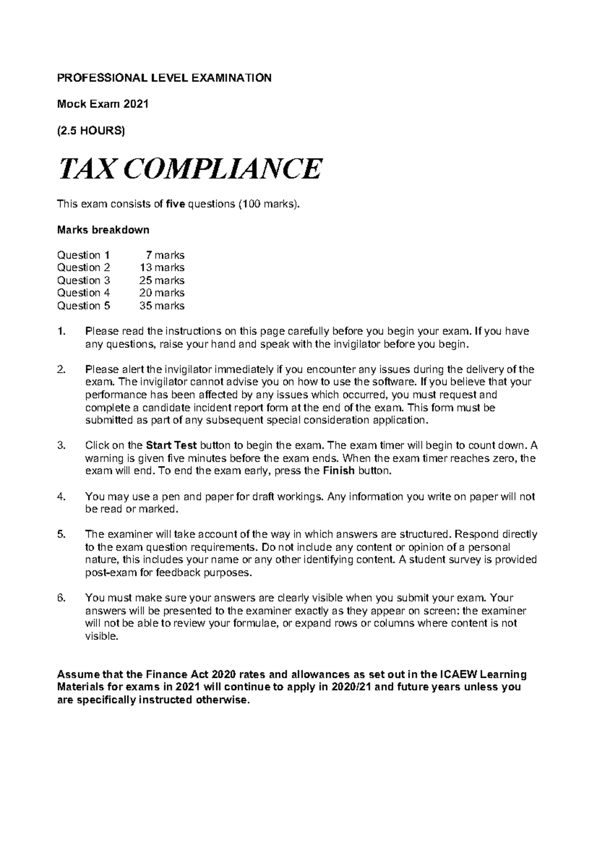 Tax Compliance - Revision set 1 Questions - PROFESSIONAL LEVEL ...