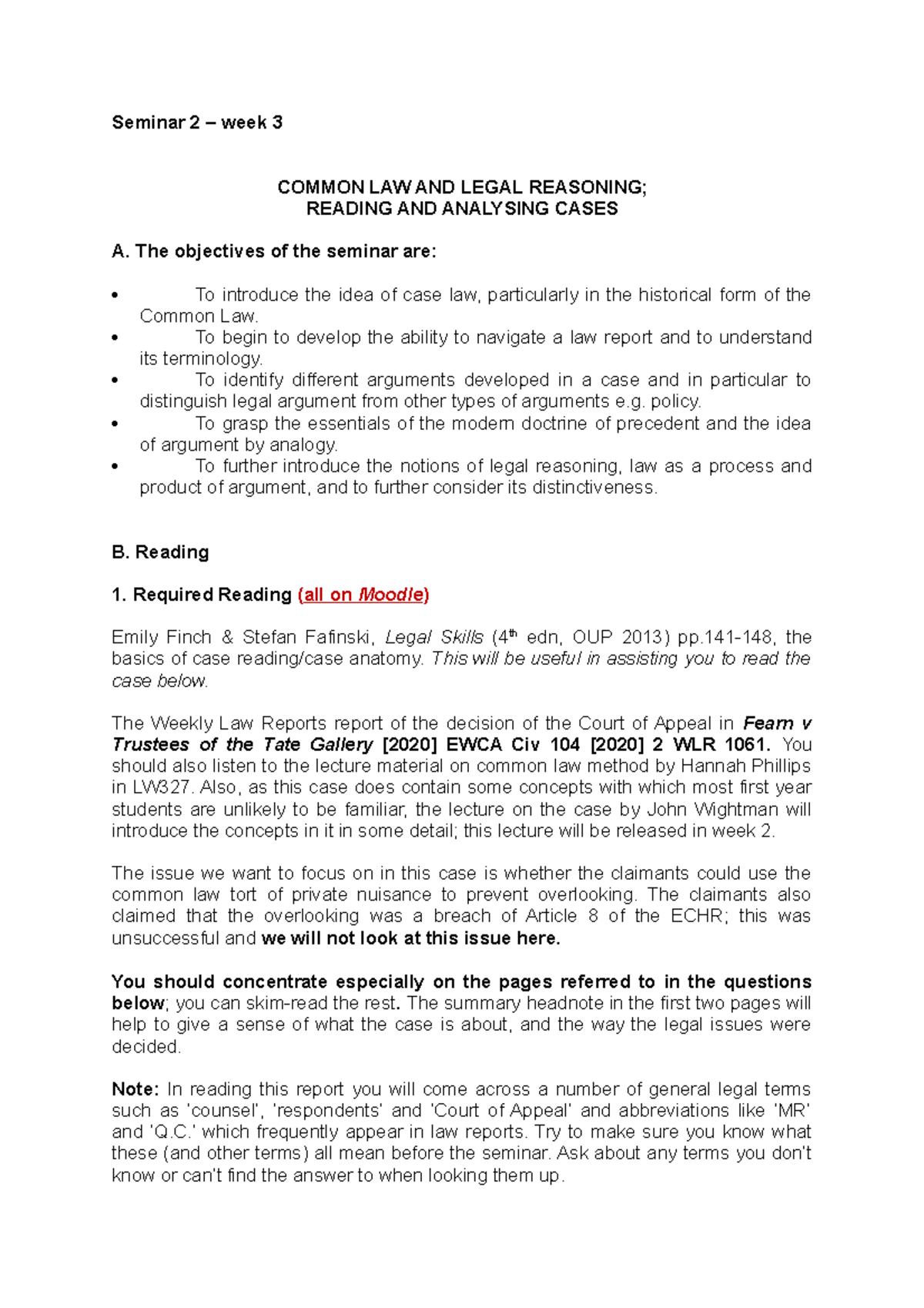 Seminar 2 week3 worksheet - Seminar 2 – week 3 COMMON LAW AND LEGAL ...