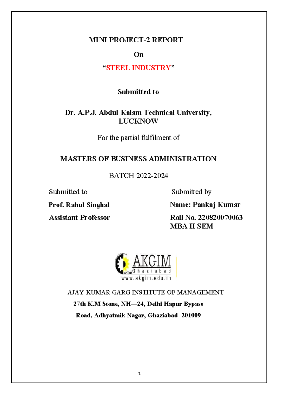 MP2 - mini project 2 - MINI PROJECT-2 REPORT On “STEEL INDUSTRY ...