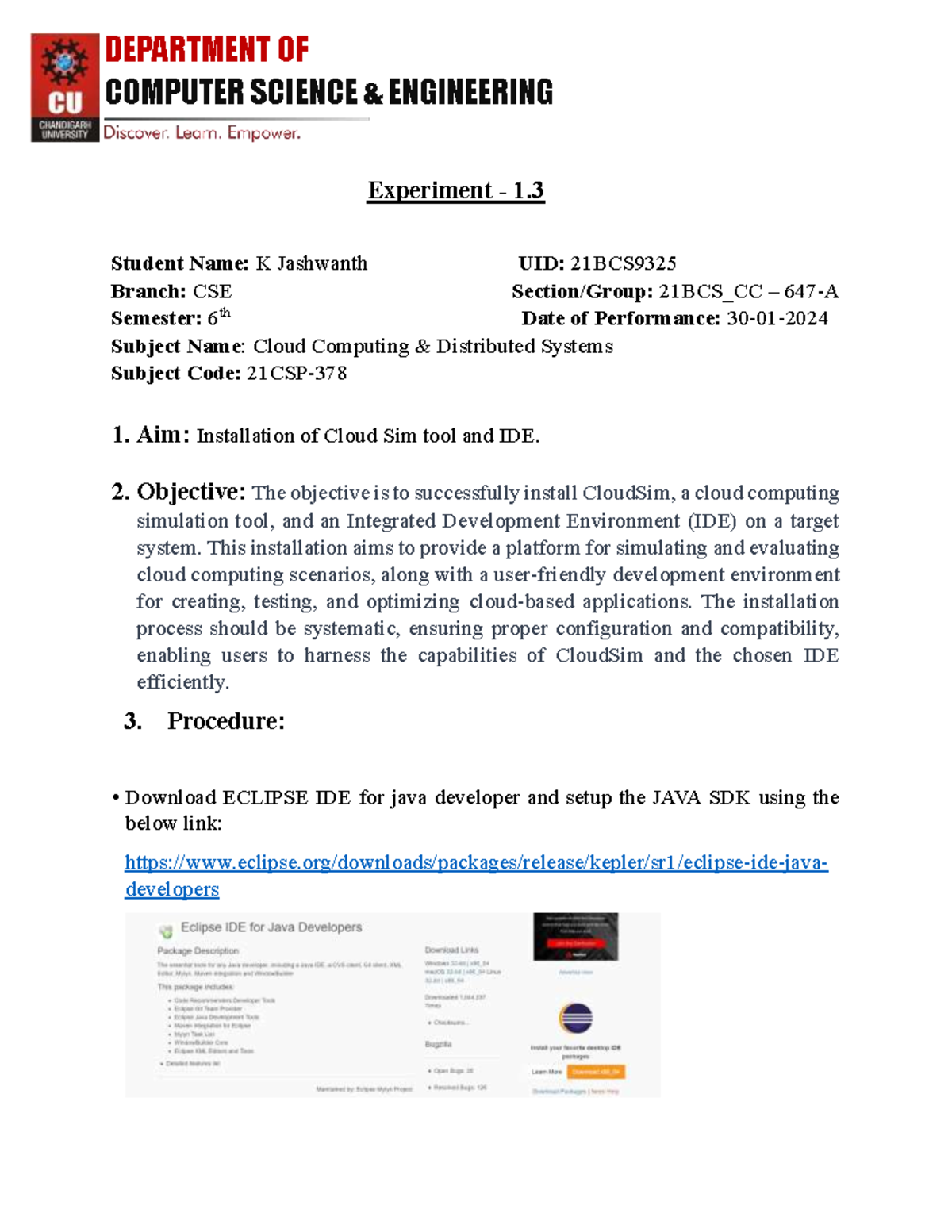 CC EXP 1.3 JK - COMPUTER SCIENCE & ENGINEERING Experiment - 1. Student Name: K Jashwanth UID ...