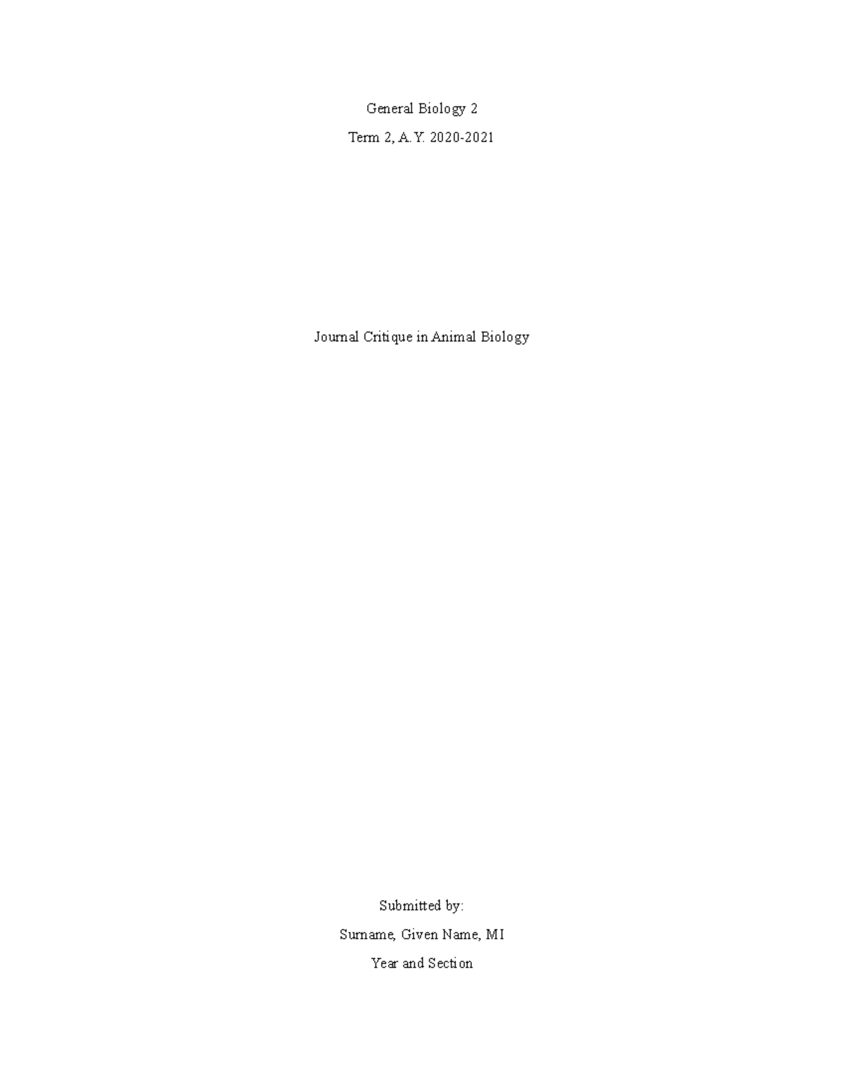 092421 Animal Journal Critique for advamnced - General Biology 2 Term 2 ...