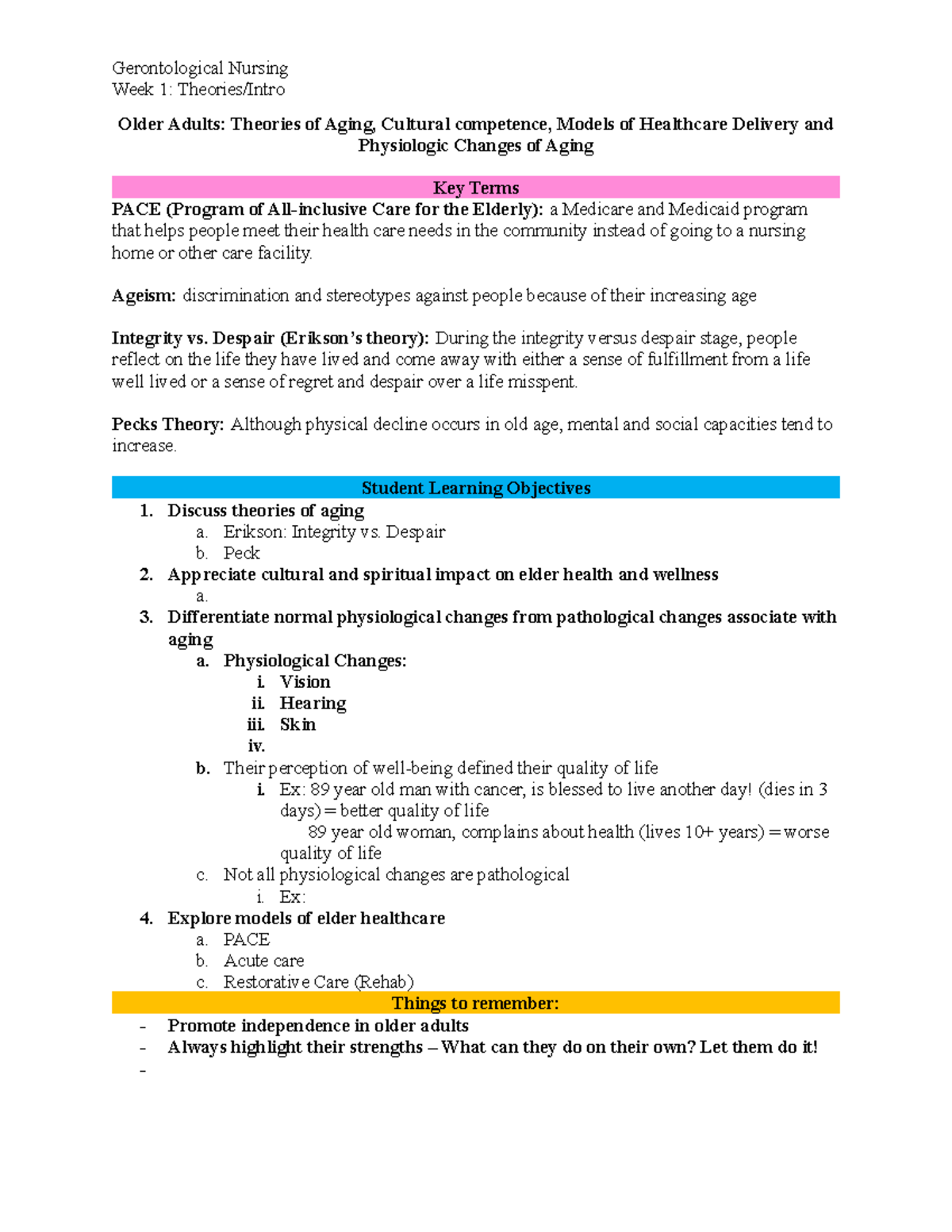 Week 1 Notes - Theories & Intro - Gerontological Nursing Week 1 ...
