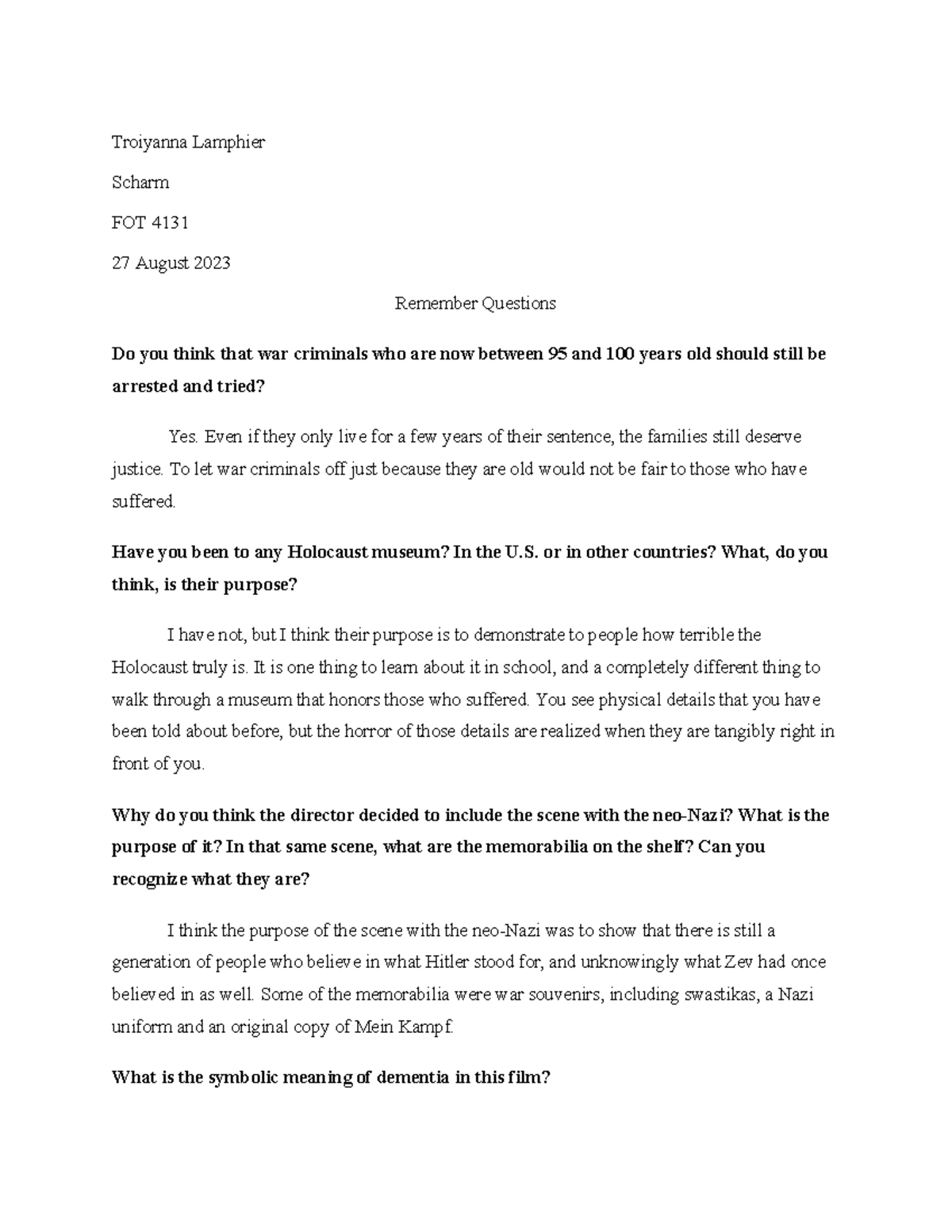 Remember questions - fot 4131 - FOT4131 - USF - Studocu