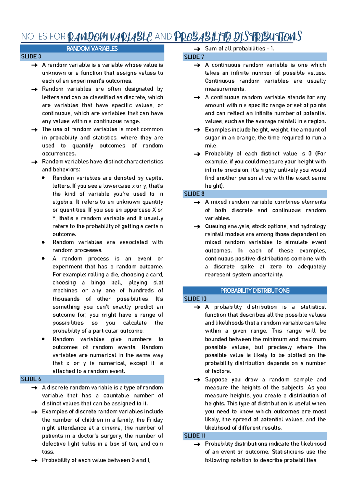 Notes - Read it. - NOTES FOR RANDOM VARIABLE AND PROBABILITY ...