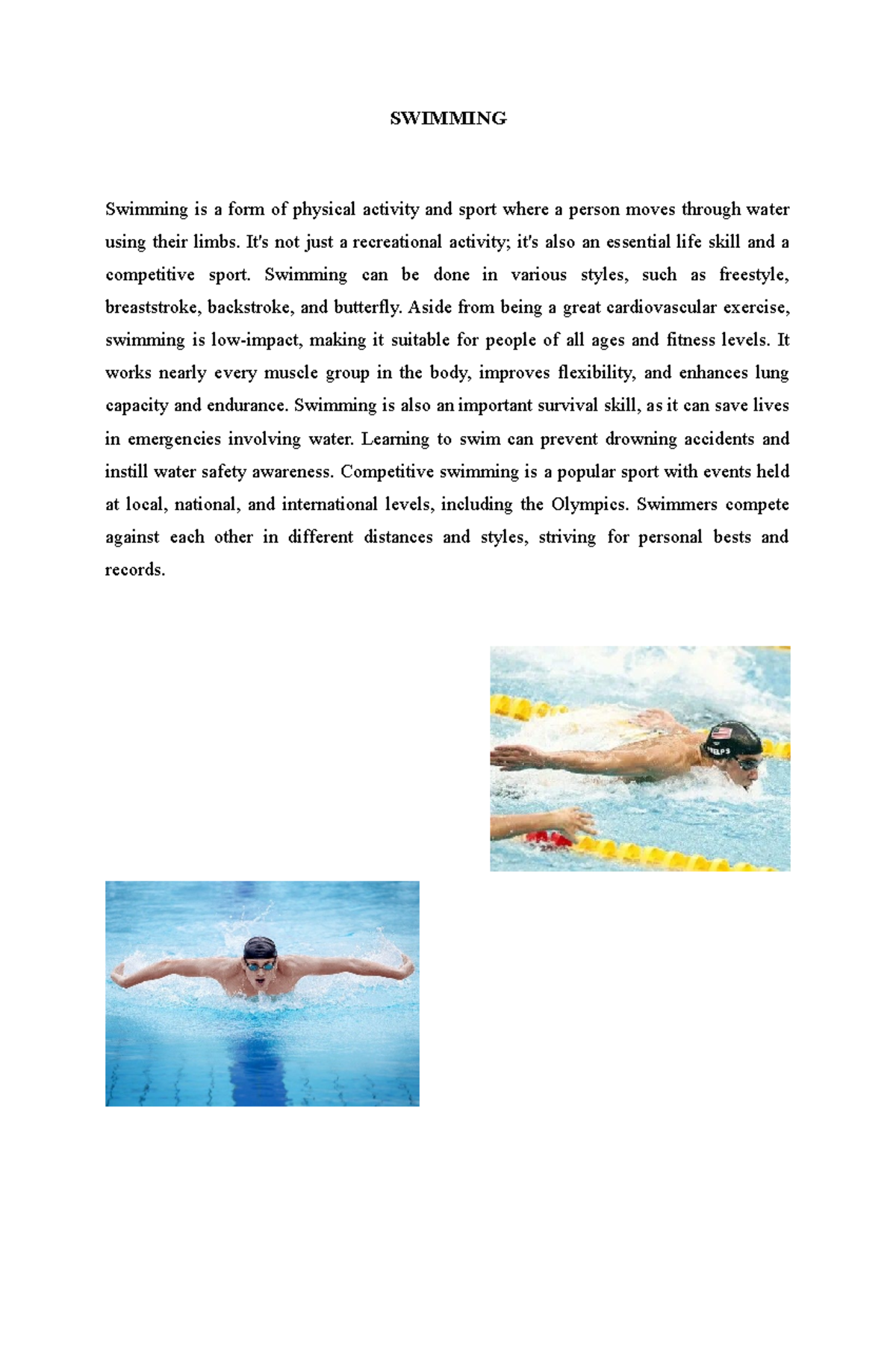 Jr pe proj - Summary general academic strand - SWIMMING Swimming is a ...