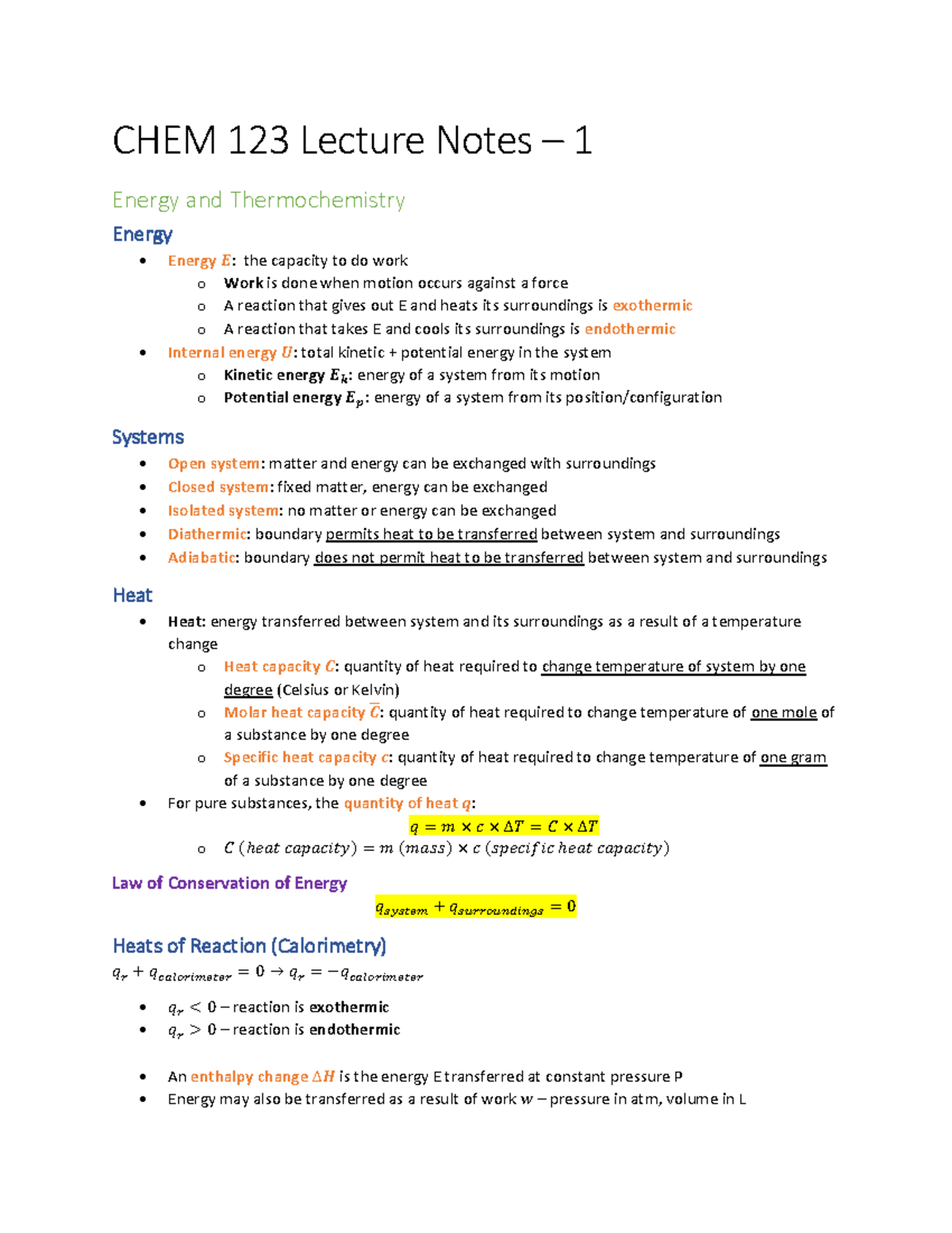 CHEM123 Lecture Notes - CHEM 123 Lecture Notes – 1 Energy and ...