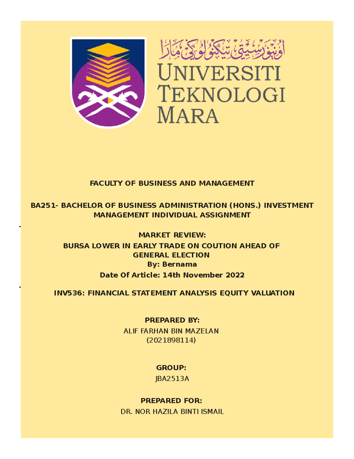 Assignment 1 Individual Market Review - FACULTY OF BUSINESS AND ...