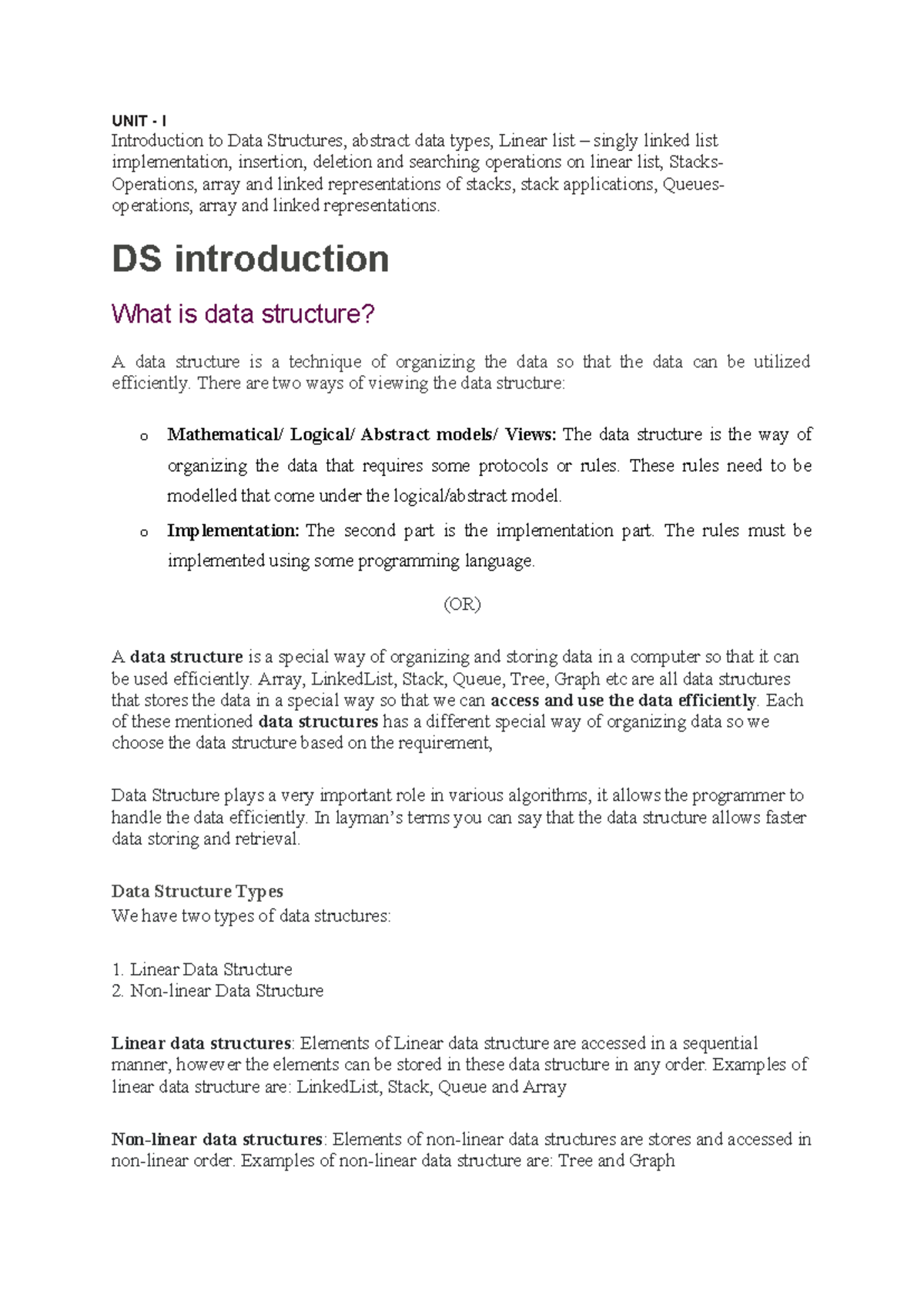 UNIT-1 - DATA STRUCTURES - UNIT - I Introduction to Data Structures ...