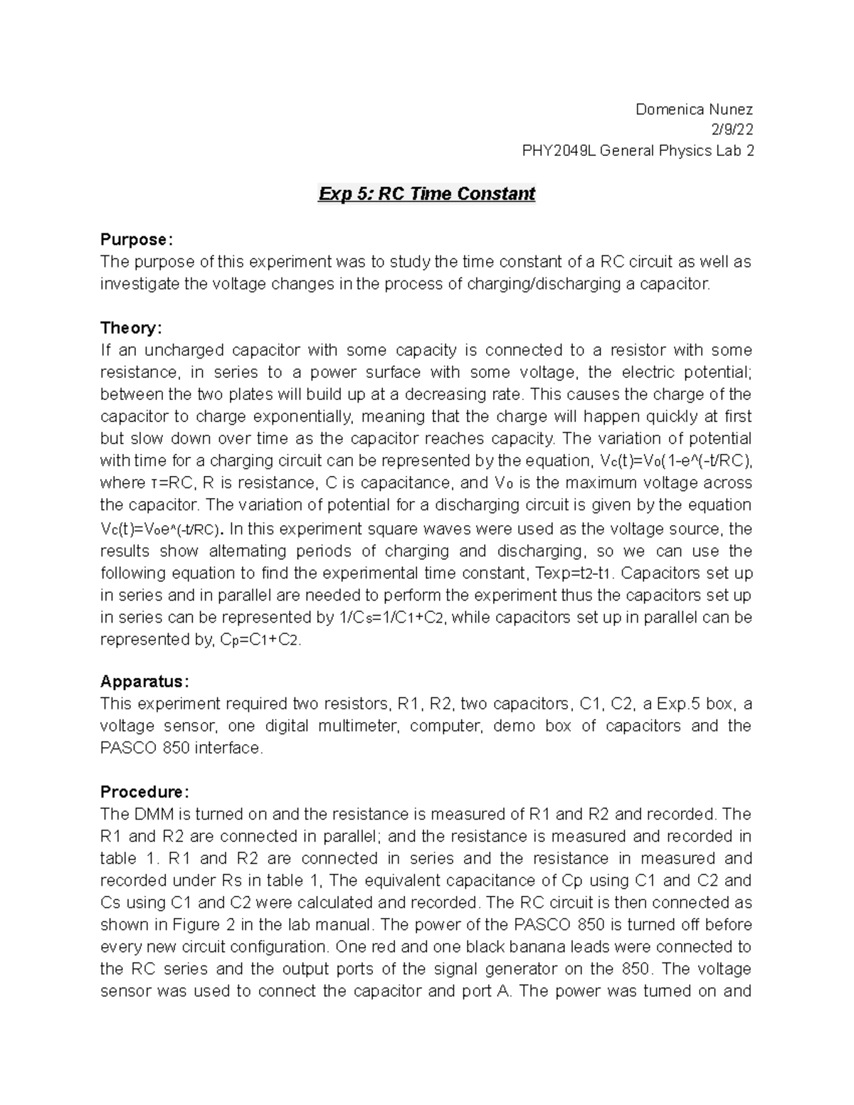 Exp 5 RC Time Constant - Domenica Nunez 2/9/ PHY2049L General Physics ...