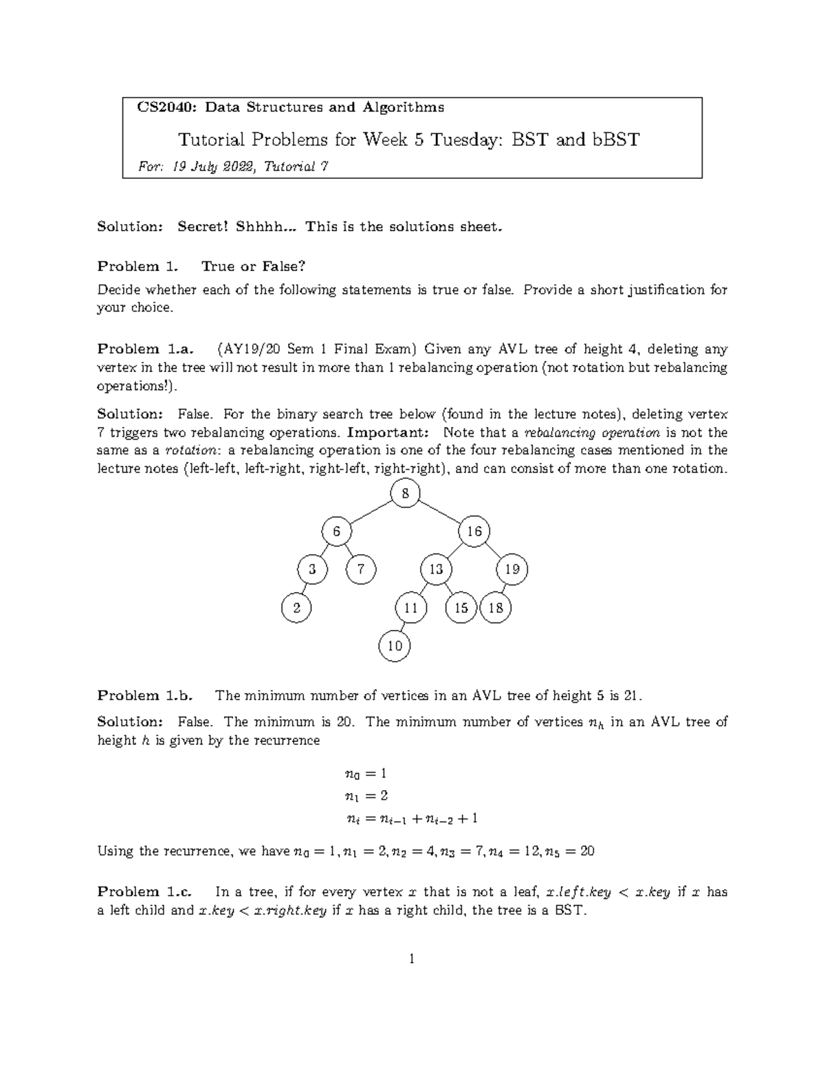 CS2040 Tutorial 7 Ans - bknlnlk - CS2040: Data Structures and Algorithms Tutorial Problems for ...