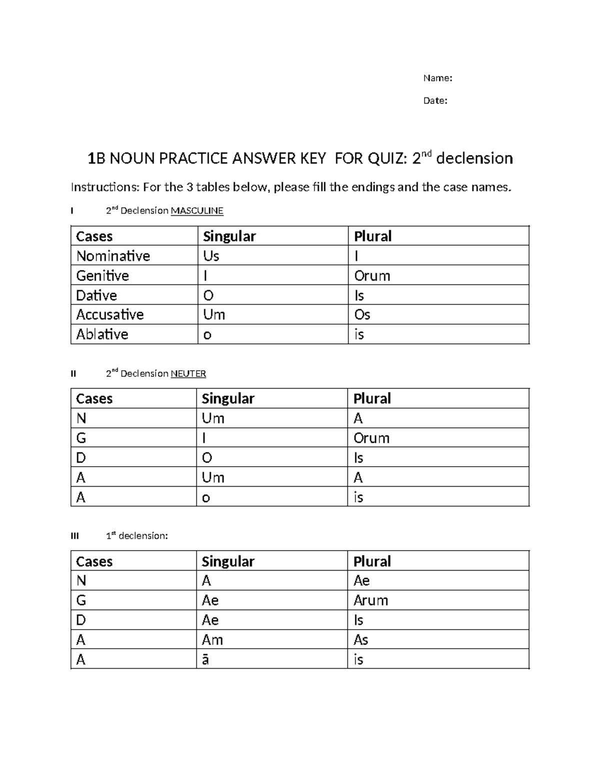 1B 2nd declen noun answer key - Name: Date: 1B NOUN PRACTICE ANSWER KEY ...