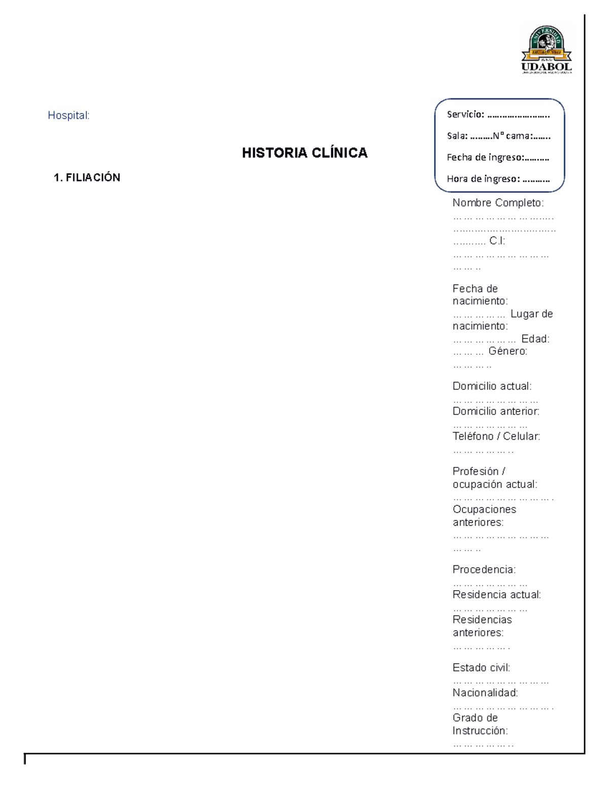 Modelo DE Historia Clinica - Udabol 2021 - Hospital: HISTORIA CLÍNICA 1 ...
