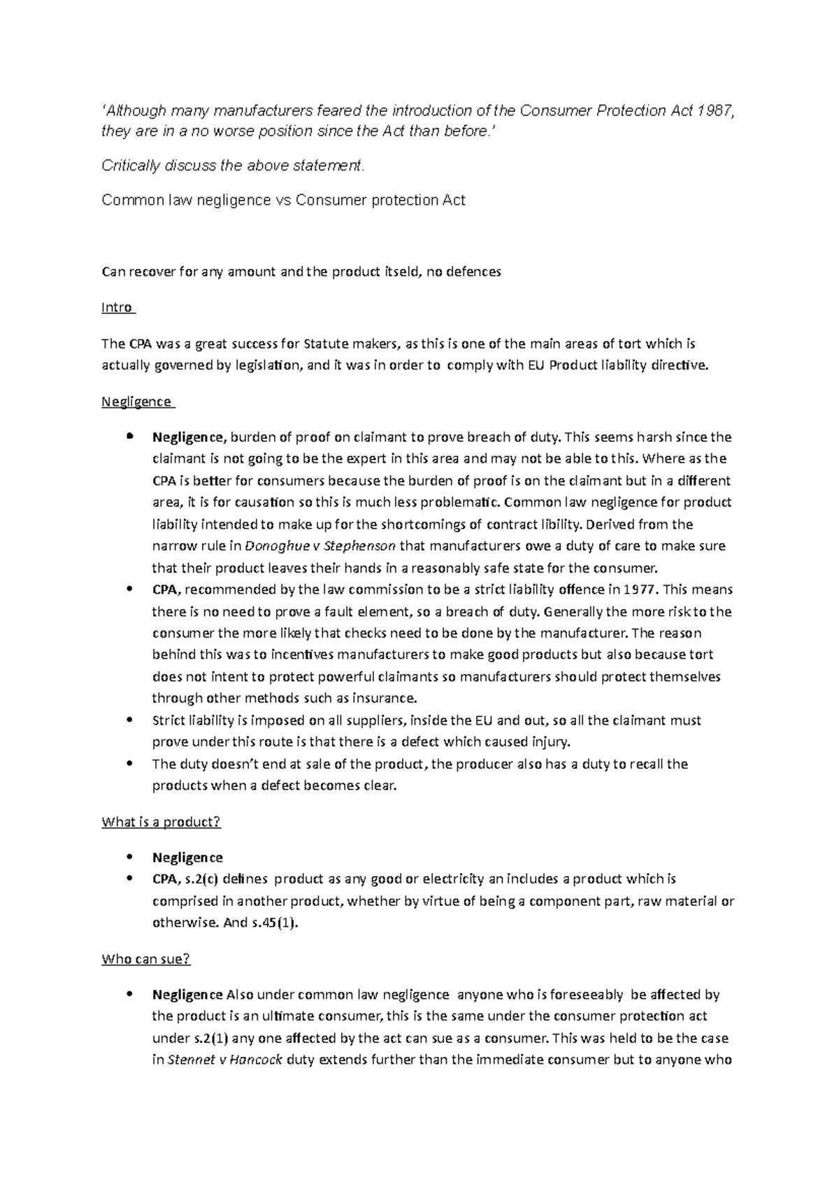 2013 Product liability Essay qu - LAW-5025B - UEA - Studocu