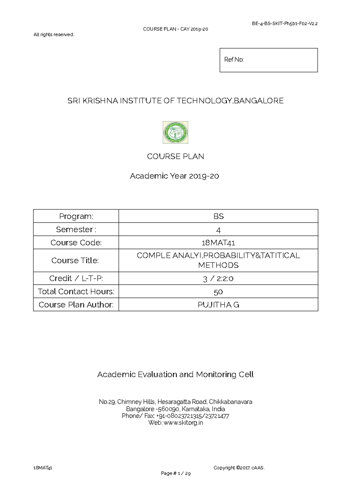 18MAT41 -Complex Analysis, Probability And Statistical Methods - COURSE PLAN - CAY 2019- All ...
