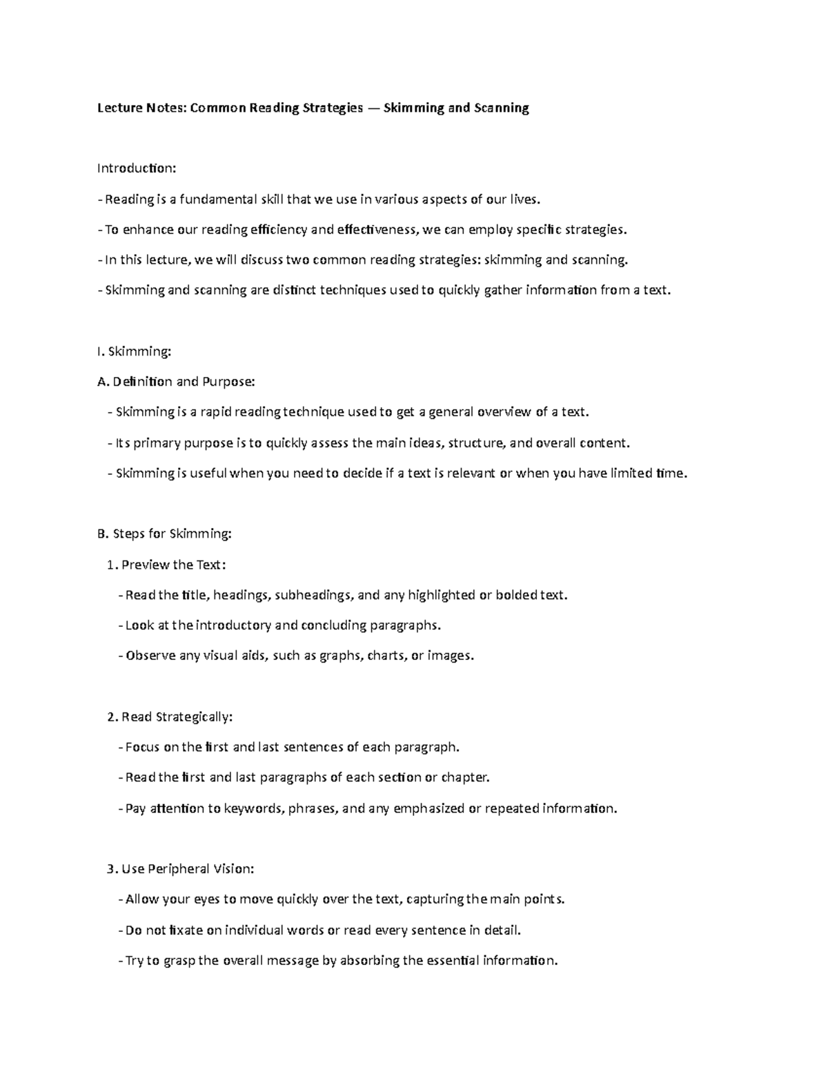 Lecture Notes: Common Reading Strategies — Skimming and Scanning - To ...