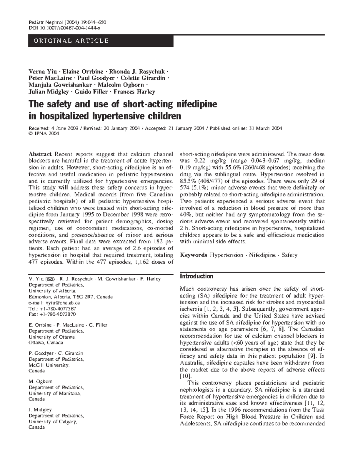 The safety and use of short acting nifed - Pediatr Nephrol (2004) 19: ...