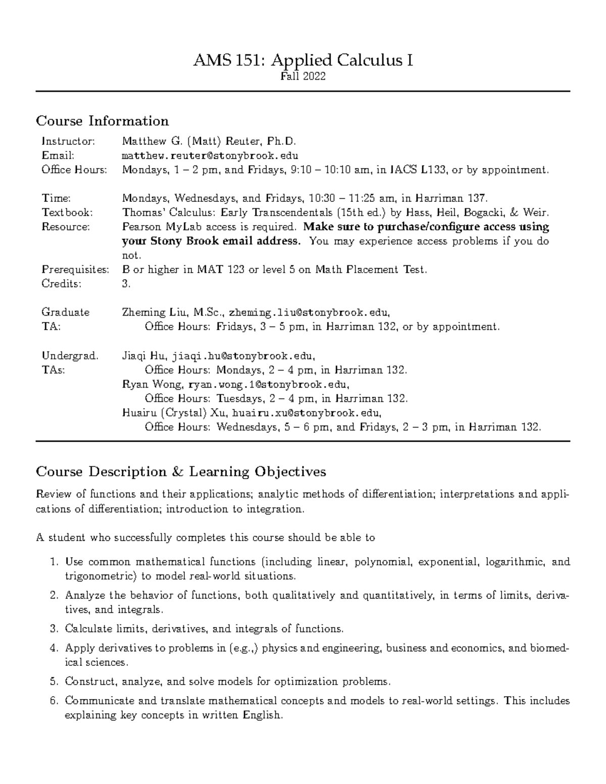 AMS151 Syllabus Fall2022 - AMS 151: Applied Calculus I Fall 2022 Course ...