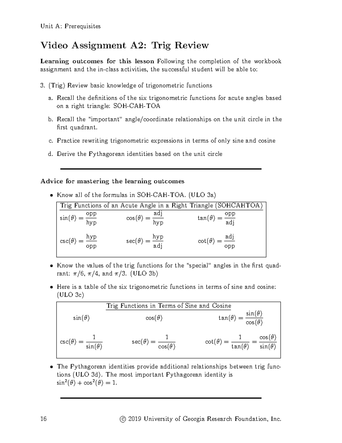 A2-Calc - homework distributed during the class - Unit A: Prerequisites ...
