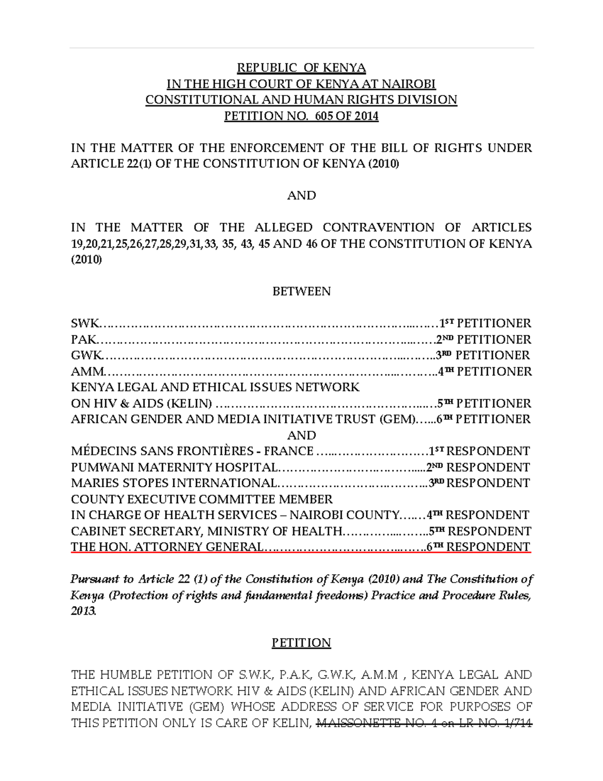 Petition-No - UoN Lecture Notes - REPUBLIC OF KENYA IN THE HIGH COURT ...