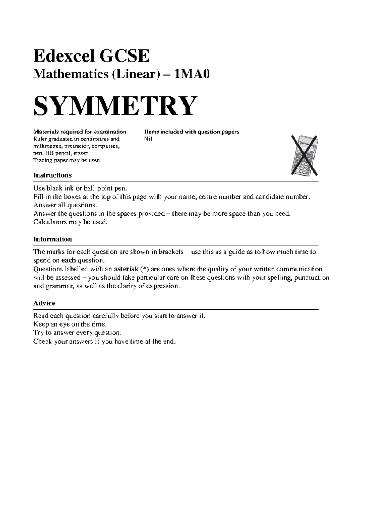 Symmetry grade 7-8 worksheet - Edexcel GCSE Mathematics (Linear) – 1MA ...