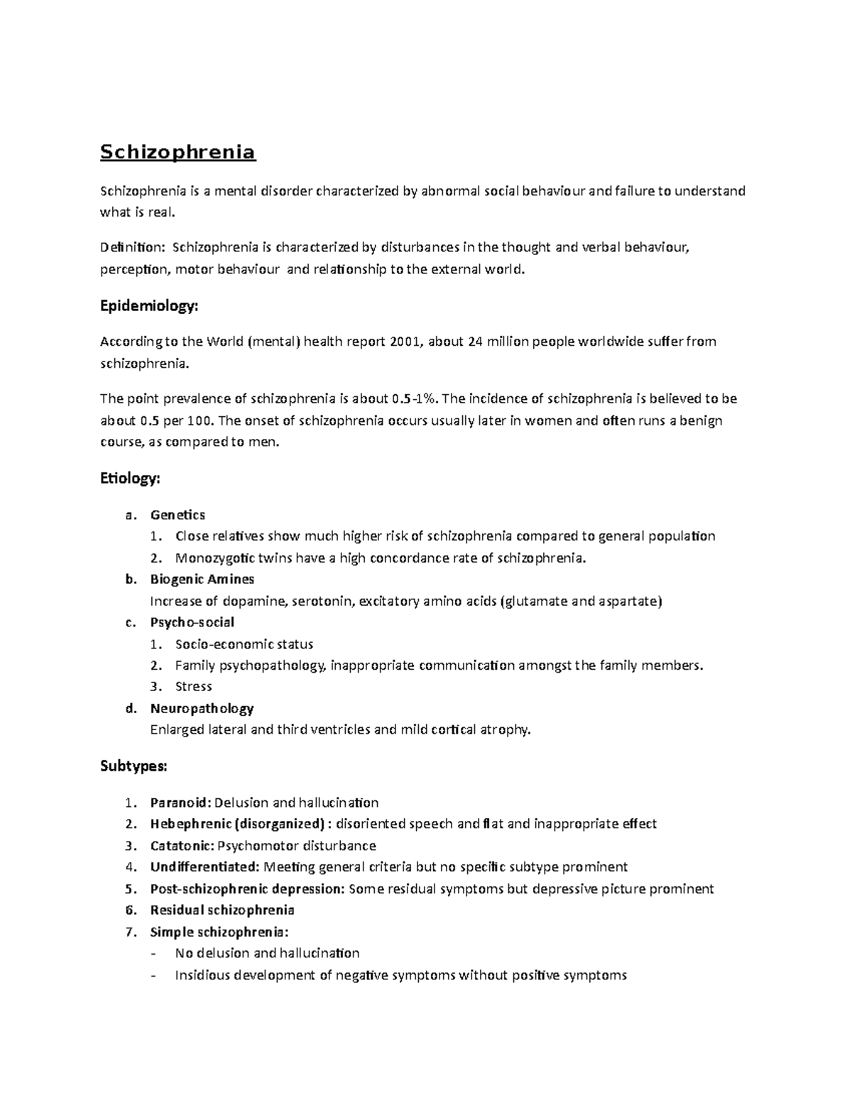 Schizophrenia lecture notes - Schizophrenia Schizophrenia is a mental ...