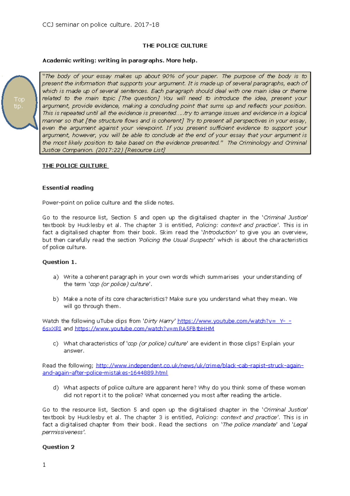 Seminar - Police culture in the UK - THE POLICE CULTURE Academic ...