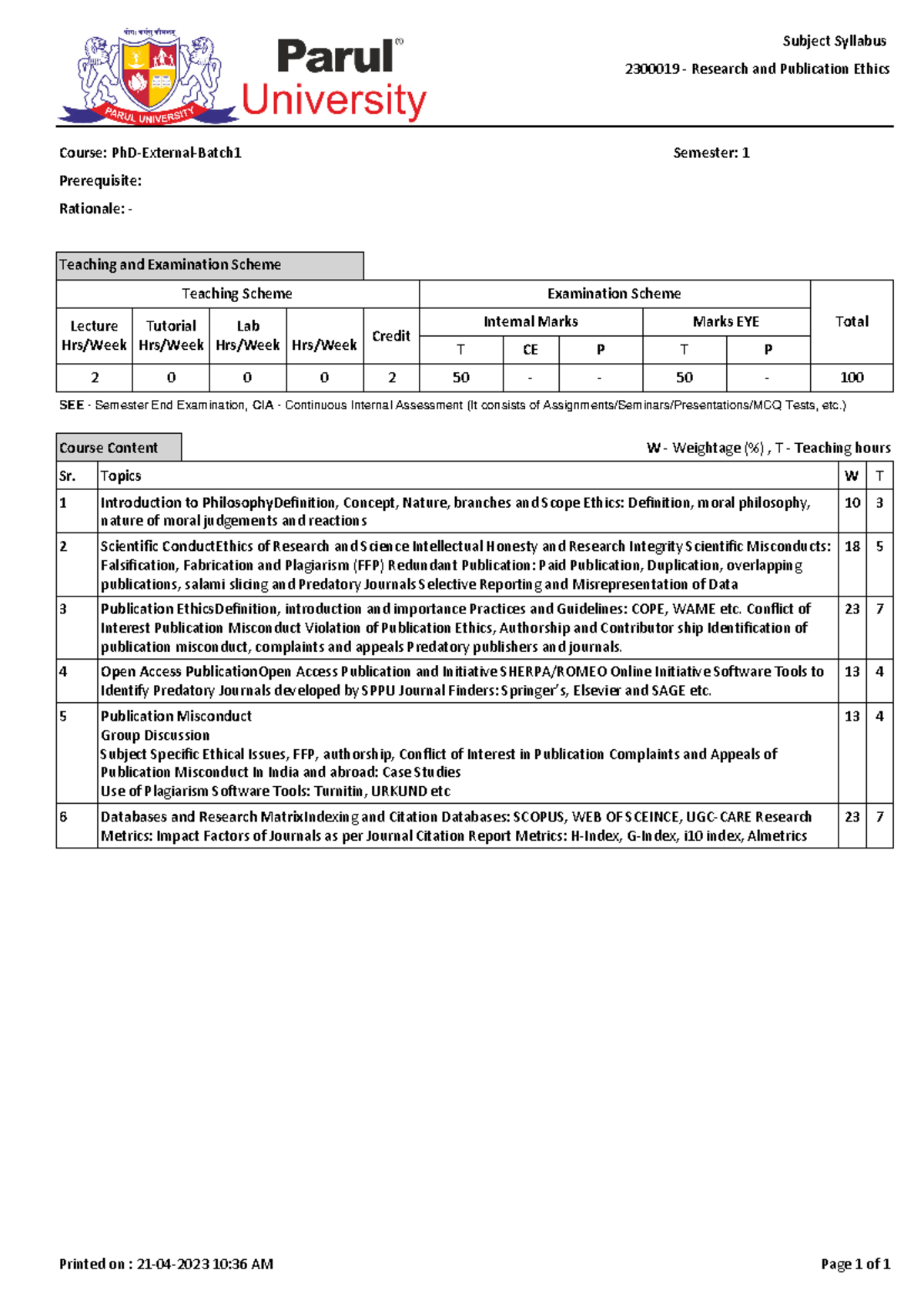 Subject Syllabus 2300019 - Semester: 1 Prerequisite: Rationale ...
