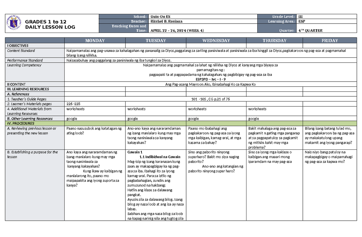 DLL ESP 3 Q4 W4 best help for teacher who s willing teach well an ...